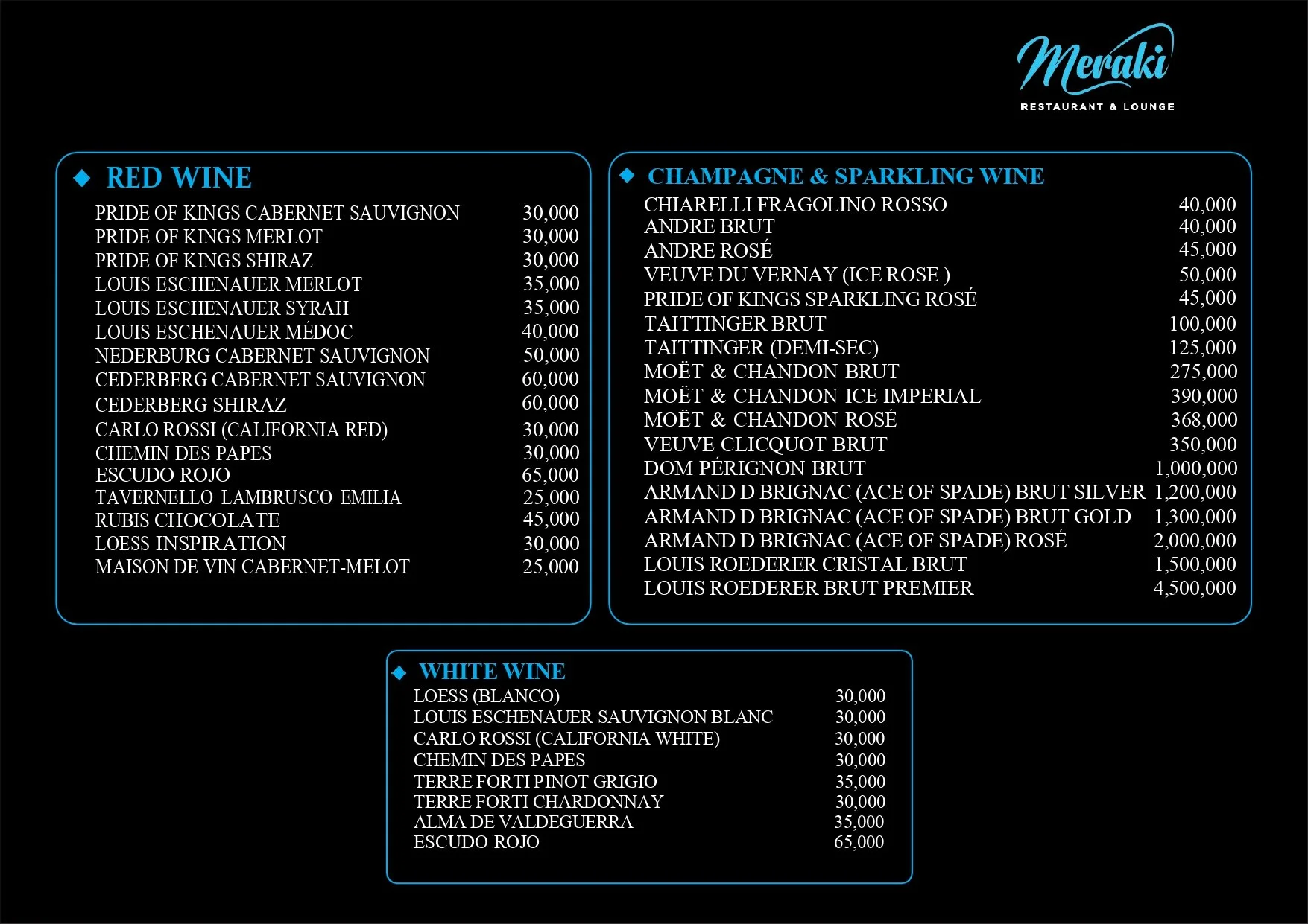 Meraki Drinks Menu — Belanova Apartments and Suites
