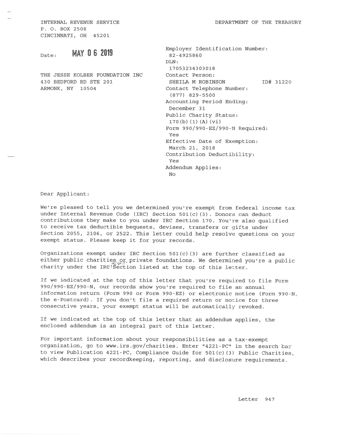 501(c)(3) Letter — The Jesse Kolber Foundation