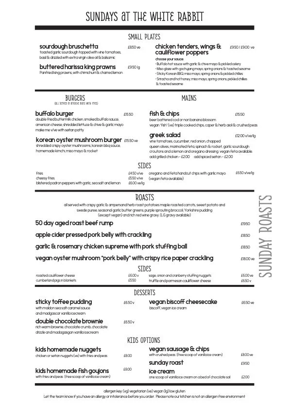 Food Menus at the White Rabbit Pub in Brighton’s North Laine — White Rabbit