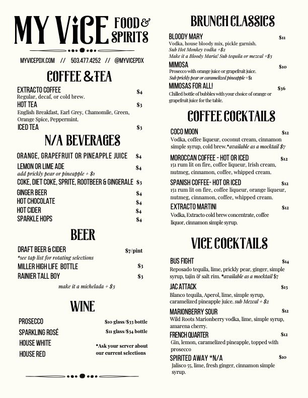 My Vice Food & Spirits | Restaurant & Bar in SE Portland, OR | Dine-in ...