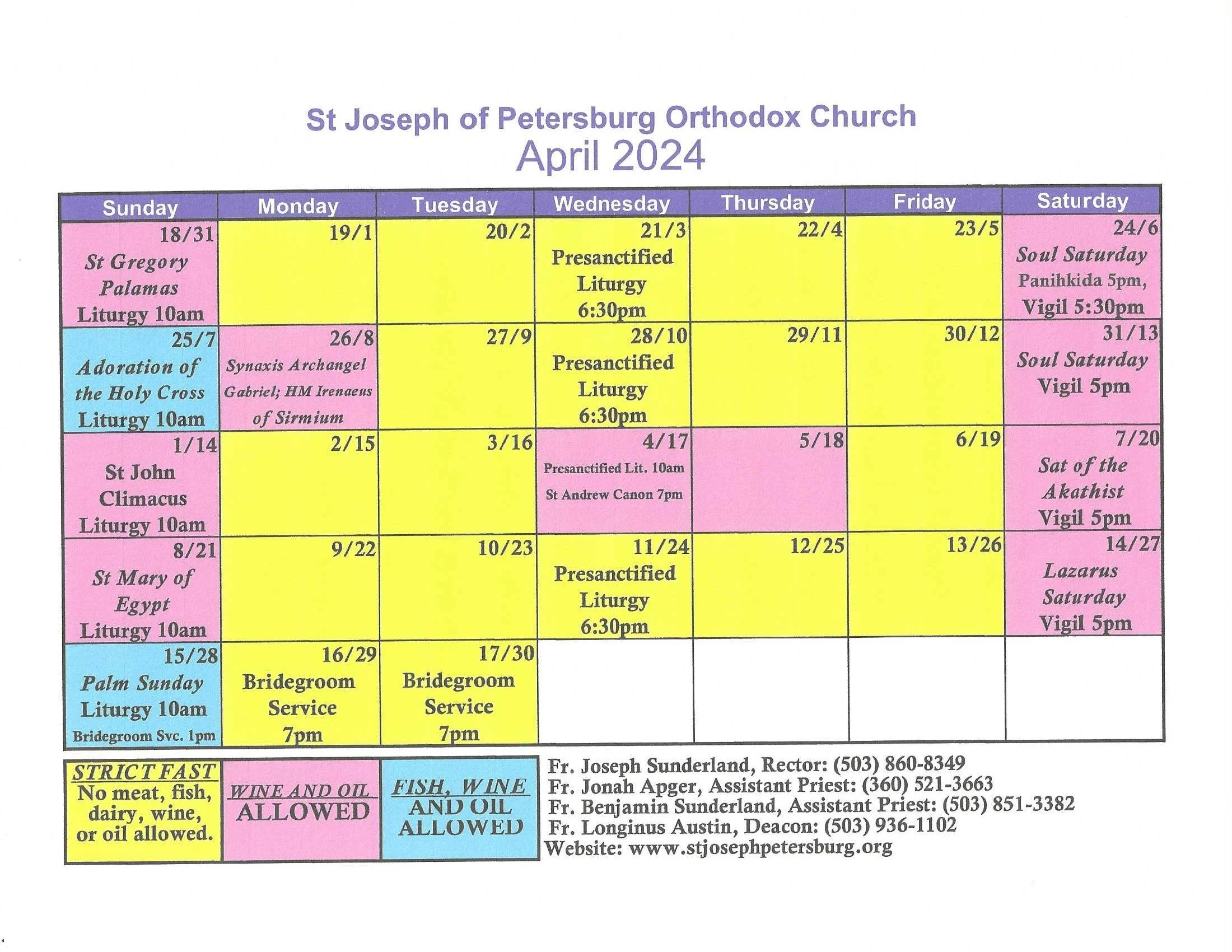 Calendar — St. Joseph of Petersburg Orthodox Church
