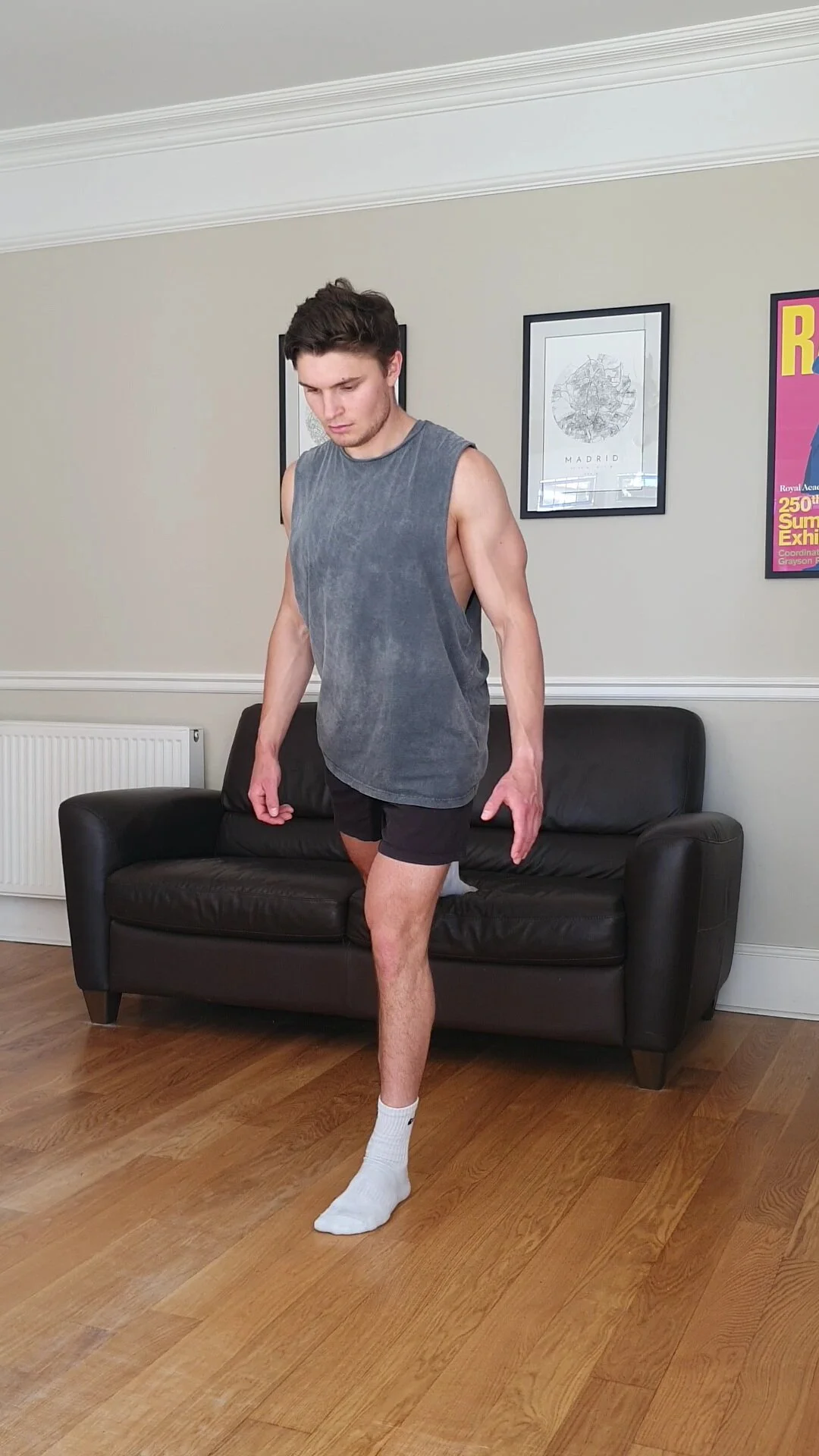 At home bodyweight leg workout for men with model and personal trainer ...