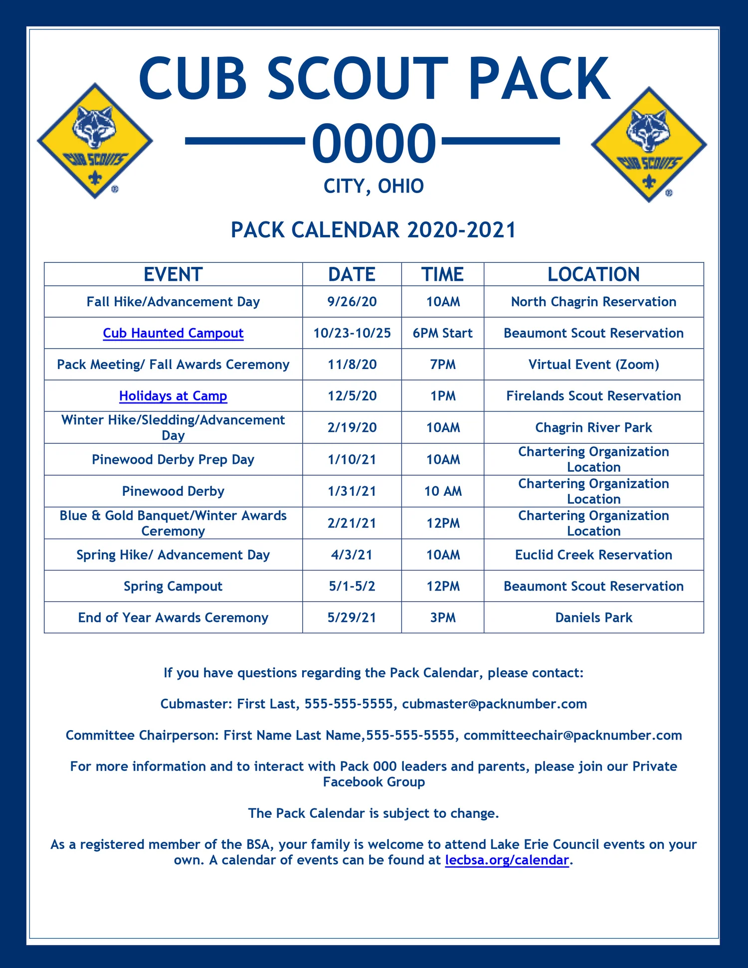 Pack Committee Resources — Lake Erie Council