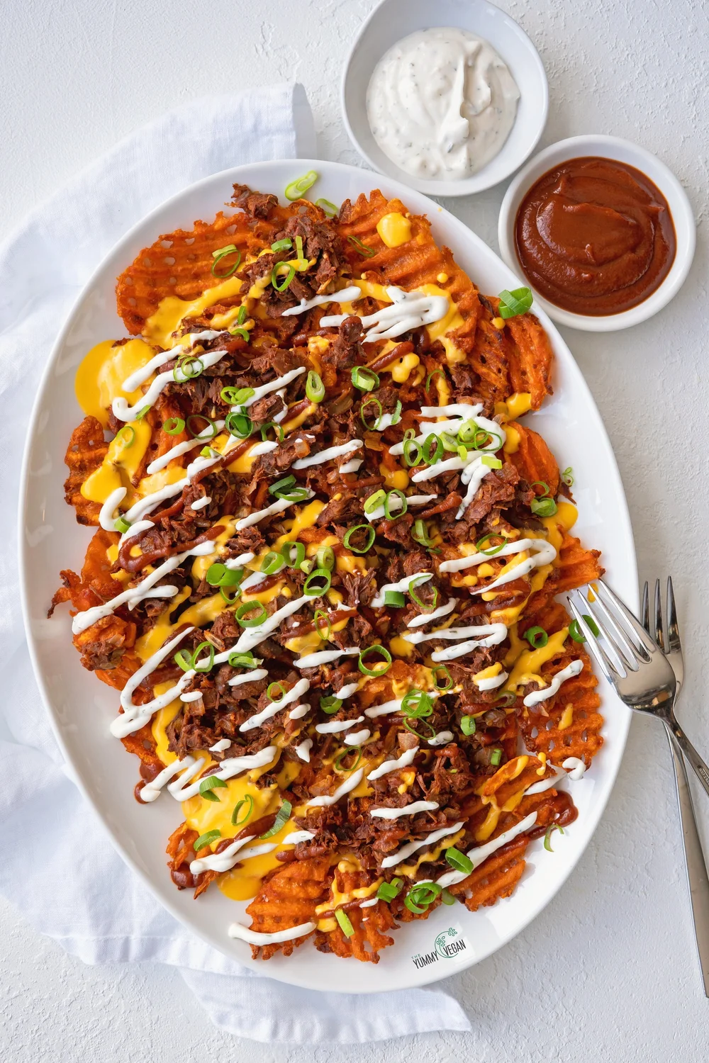 Loaded BBQ Waffle Fries — The Yummy Vegan