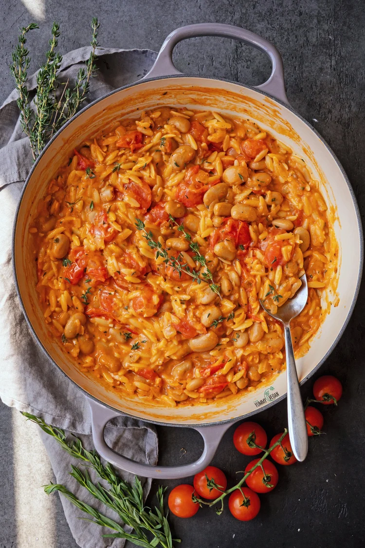 Creamy Tomato Orzo & Beans — The Yummy Vegan