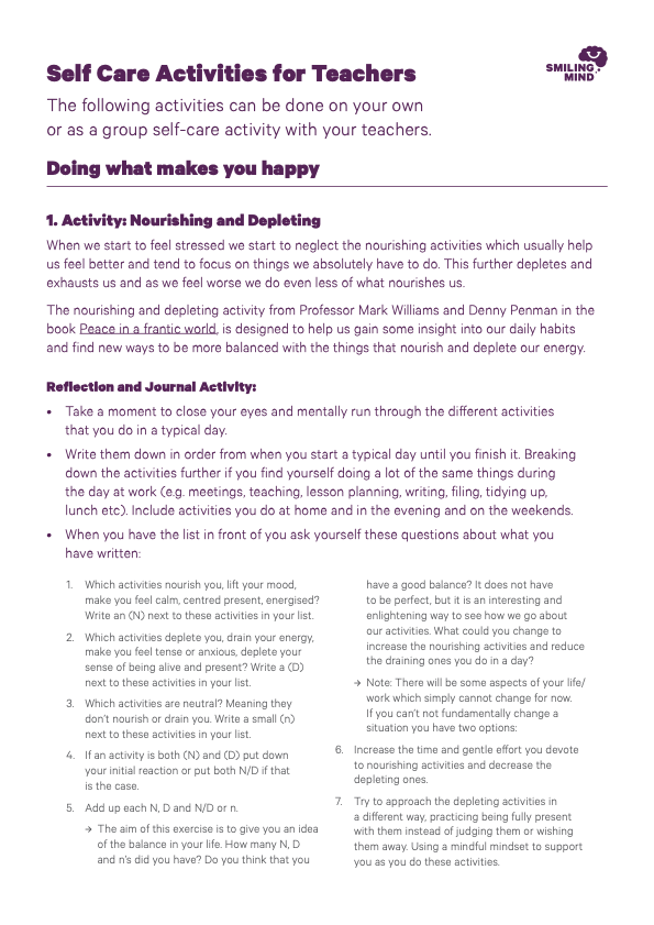 Practise | Self Care PDF — Smiling Mind