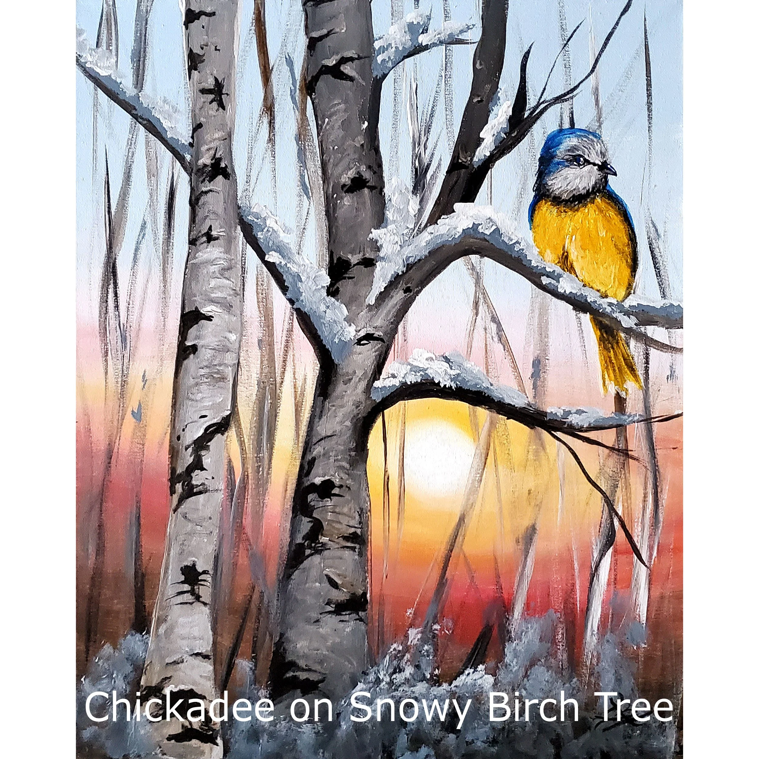 Chickadee on Snowy Birch Tree — Michelle the Painter