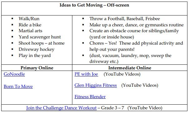 PE Workout Ideas Chart | St. Mary's School