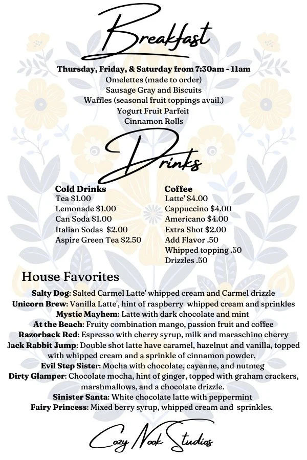 Menu 1 — Cozy Nook Gallery & Cafe