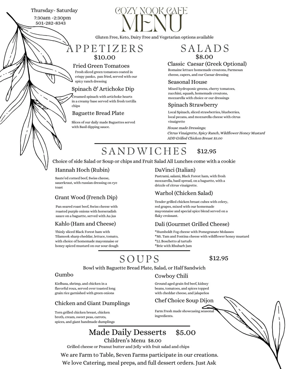 Menu 1 — Cozy Nook Gallery & Cafe