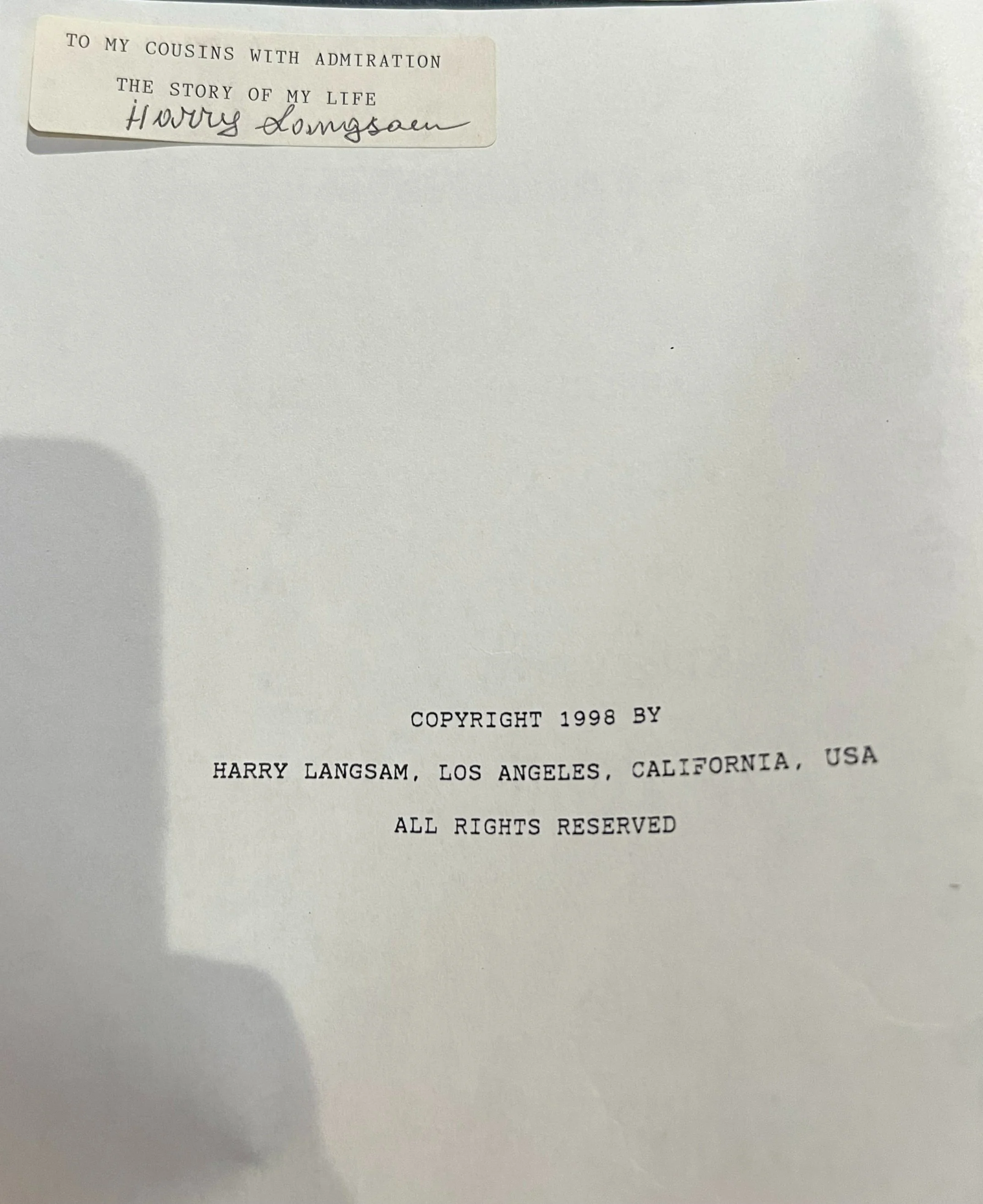 HARRY'S STORY - PART I OF IV — Sharon Mark Cohen, MPA