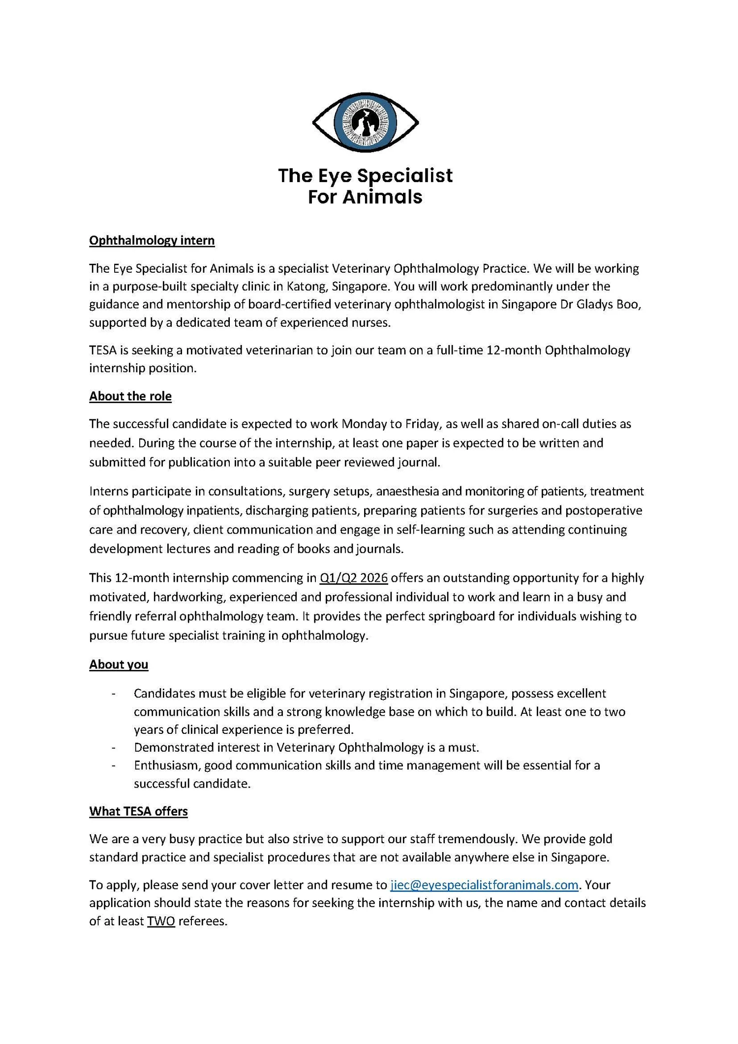 Ophthalmology Intern, The Eye Specialist for Animals, Katong, Singapore ...