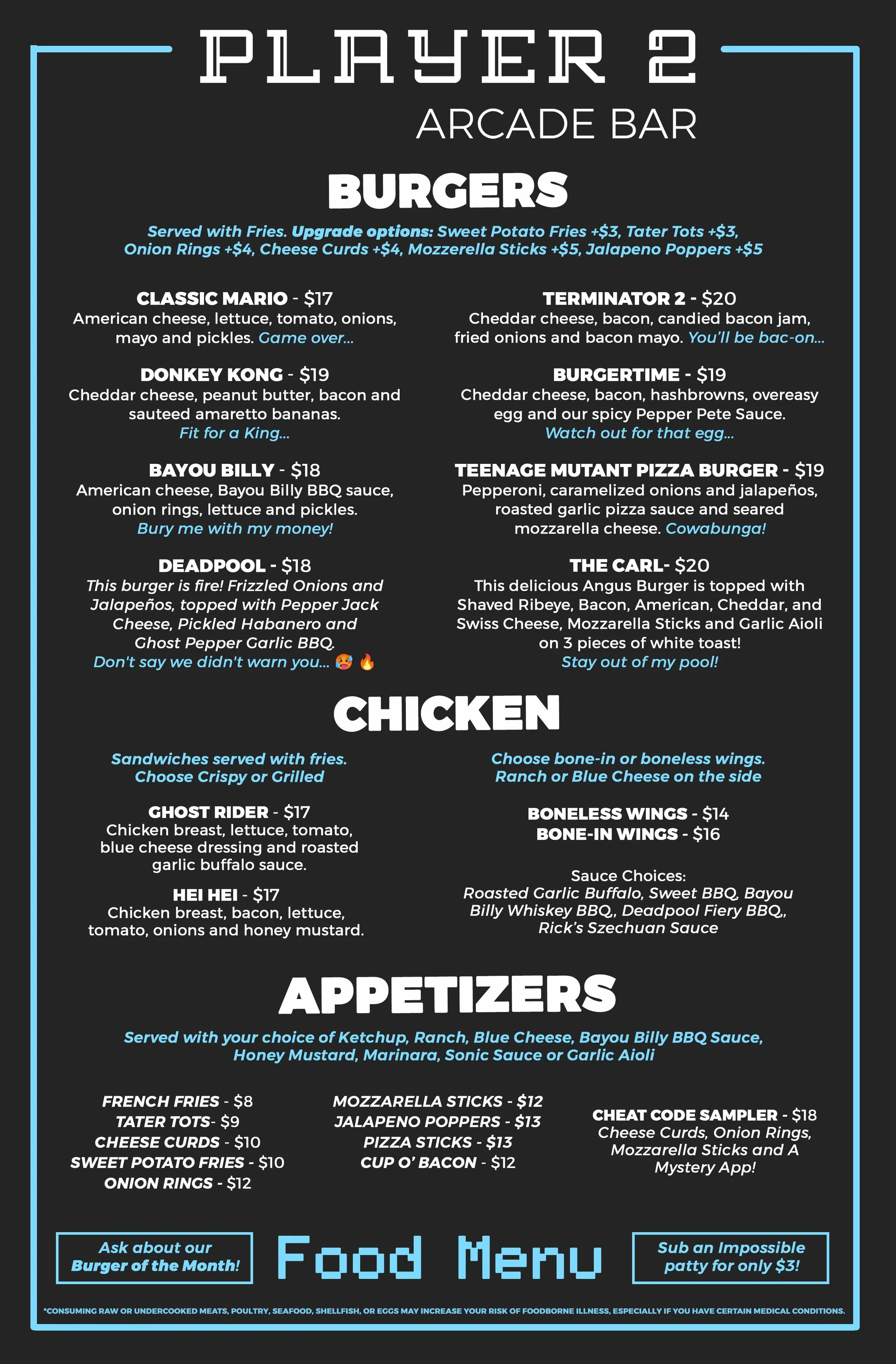 Green Bay- Food Menu — Player 2 Arcade Bar