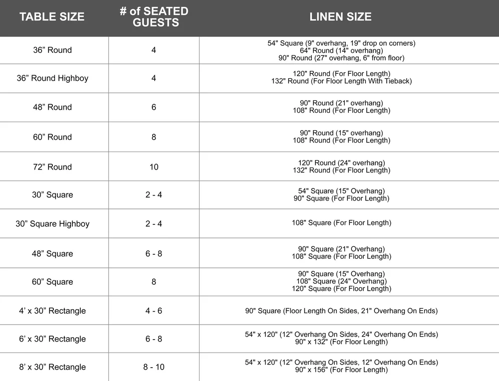 TABLE SIZING GUIDE — Bahamia Rental