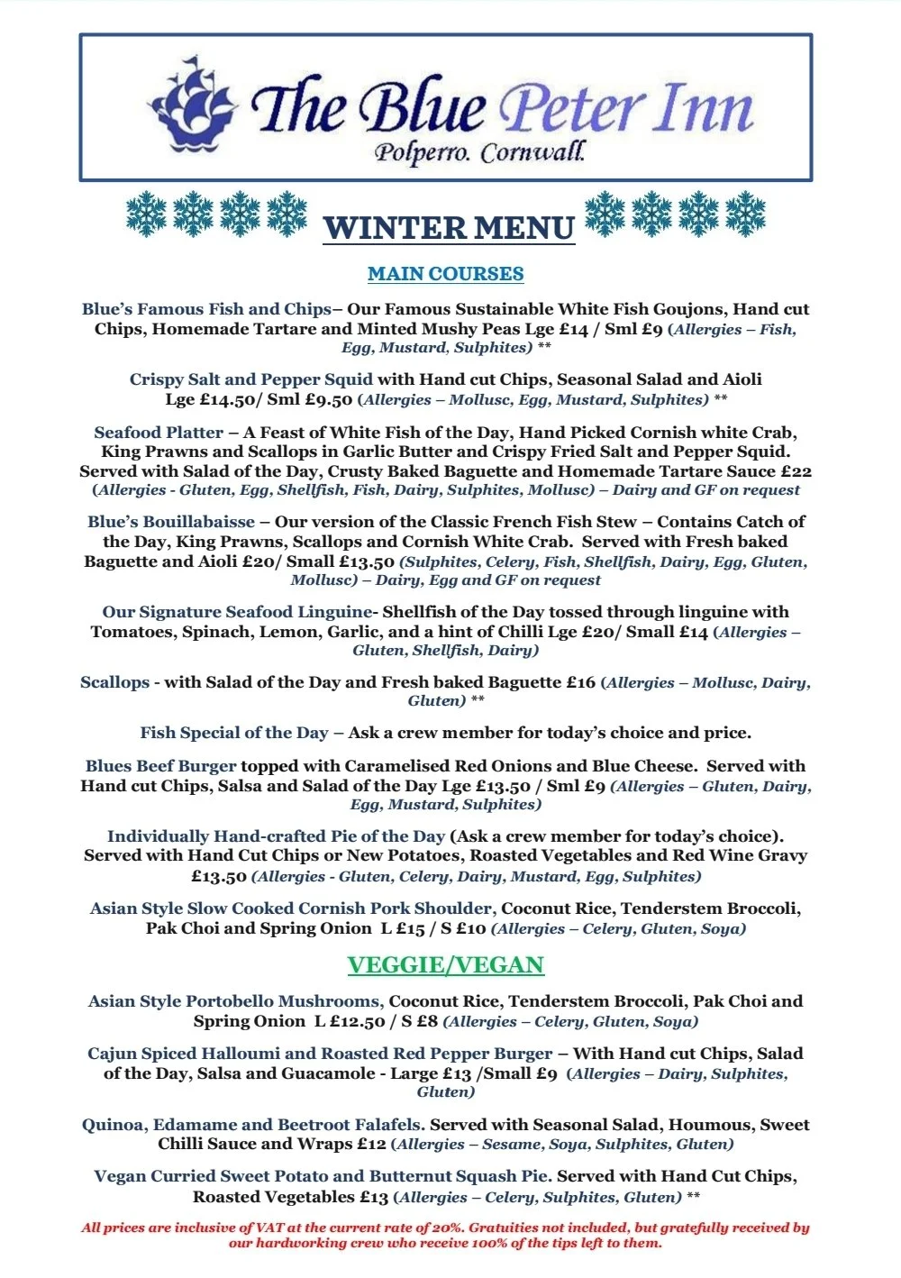 Eat-In Menus — The Blue Peter Inn