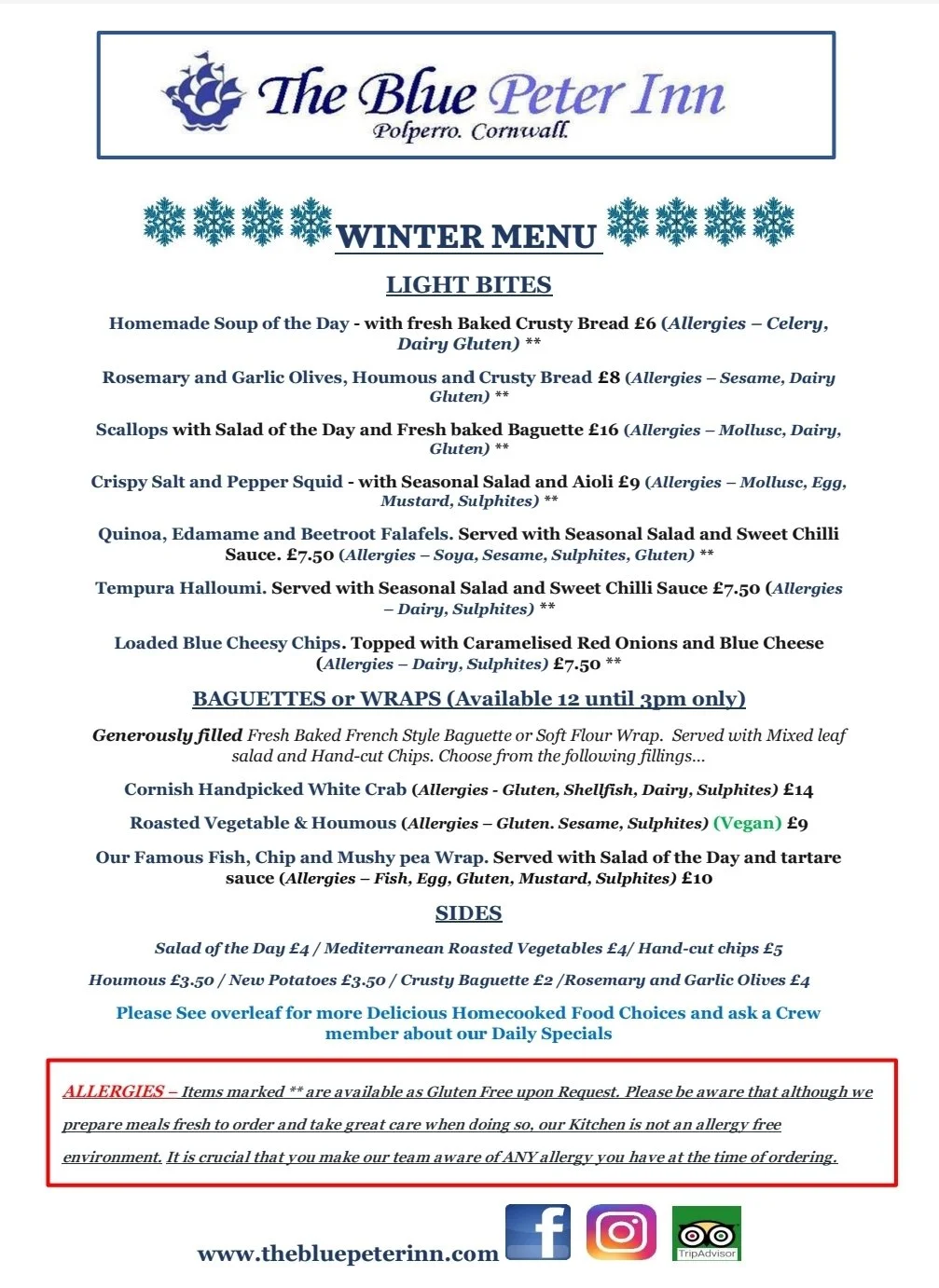 Eat-In Menus — The Blue Peter Inn