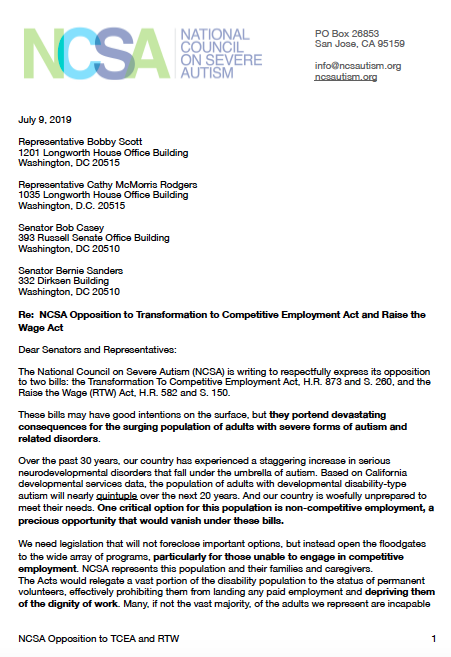 NCSA Letter Opposing Bills That Would Cut Autism Employment NCSA NCSA Letter Opposing Bills That Would Cut Autism Employment NCSA