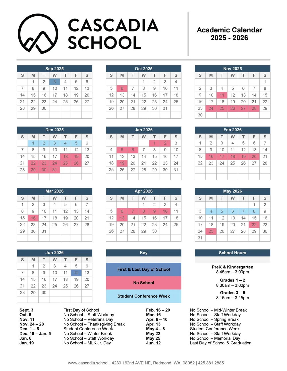 Cascadia School - Cascadia School - School Calendar - Redmond WA