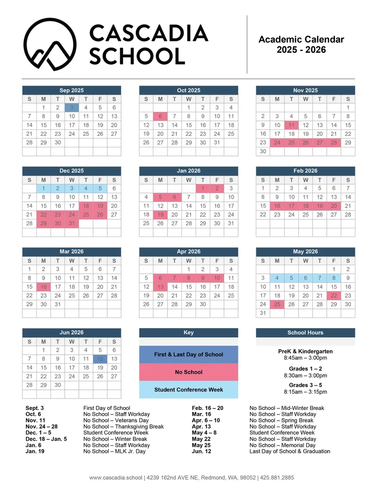 Cascadia School - Cascadia School - School Calendar - Redmond WA