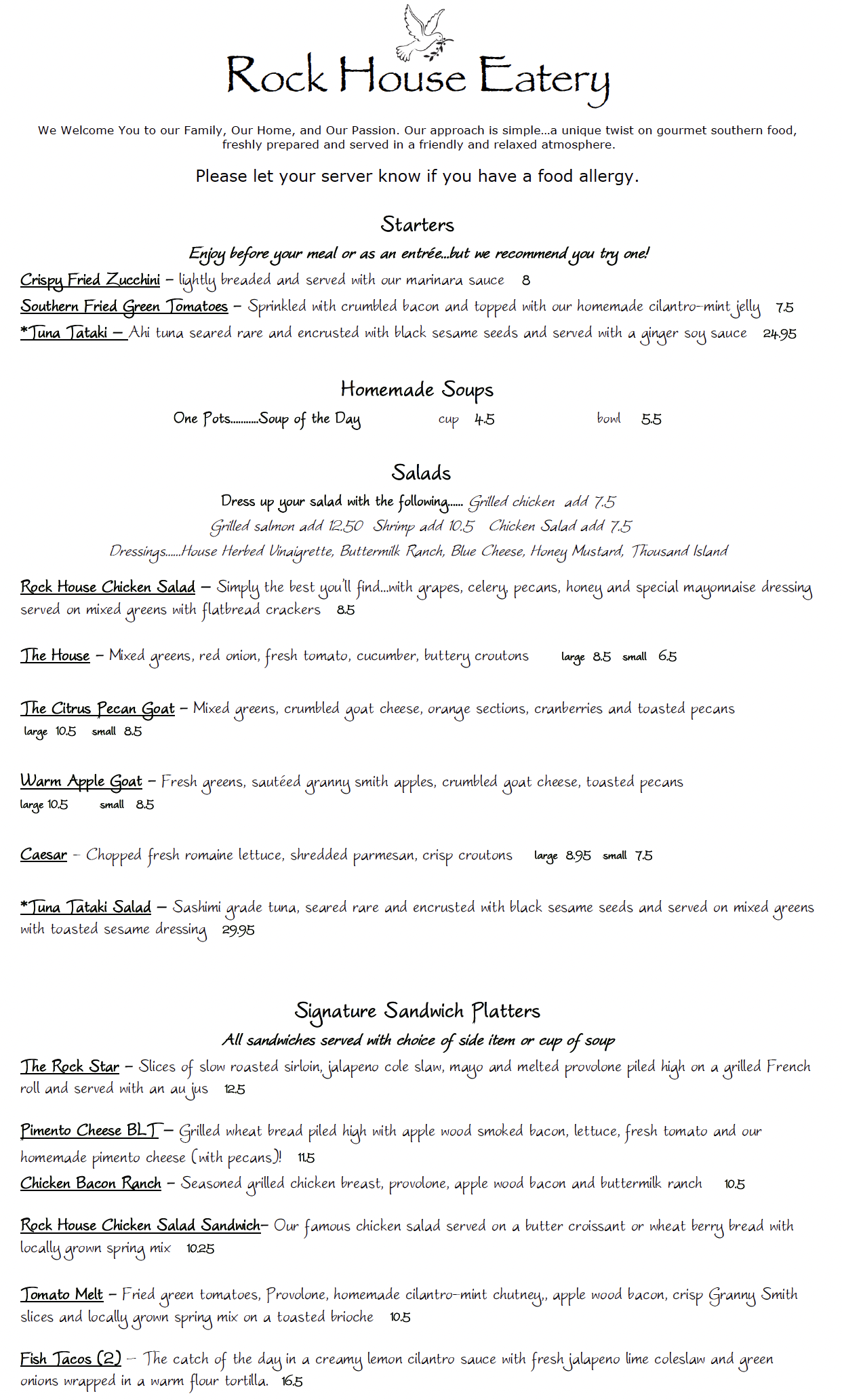 Lunch Menu — Rock House Eatery