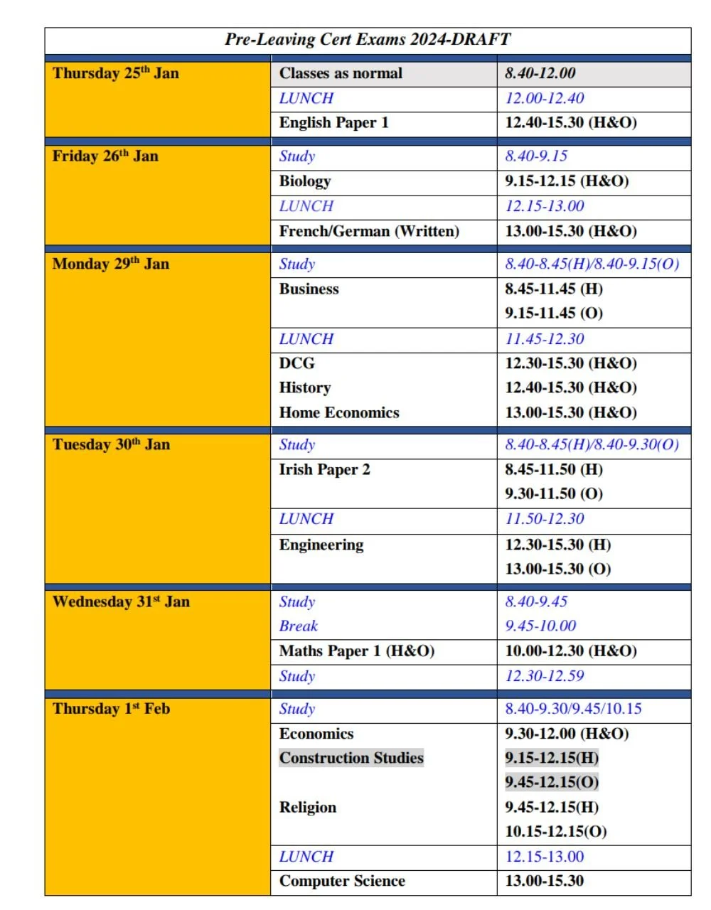 Pre Timetable for Junior and Leaving Certificate Students — KCS, Kinsale