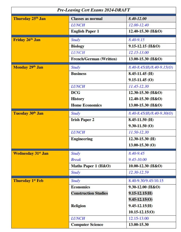 Pre Timetable for Junior and Leaving Certificate Students — KCS, Kinsale