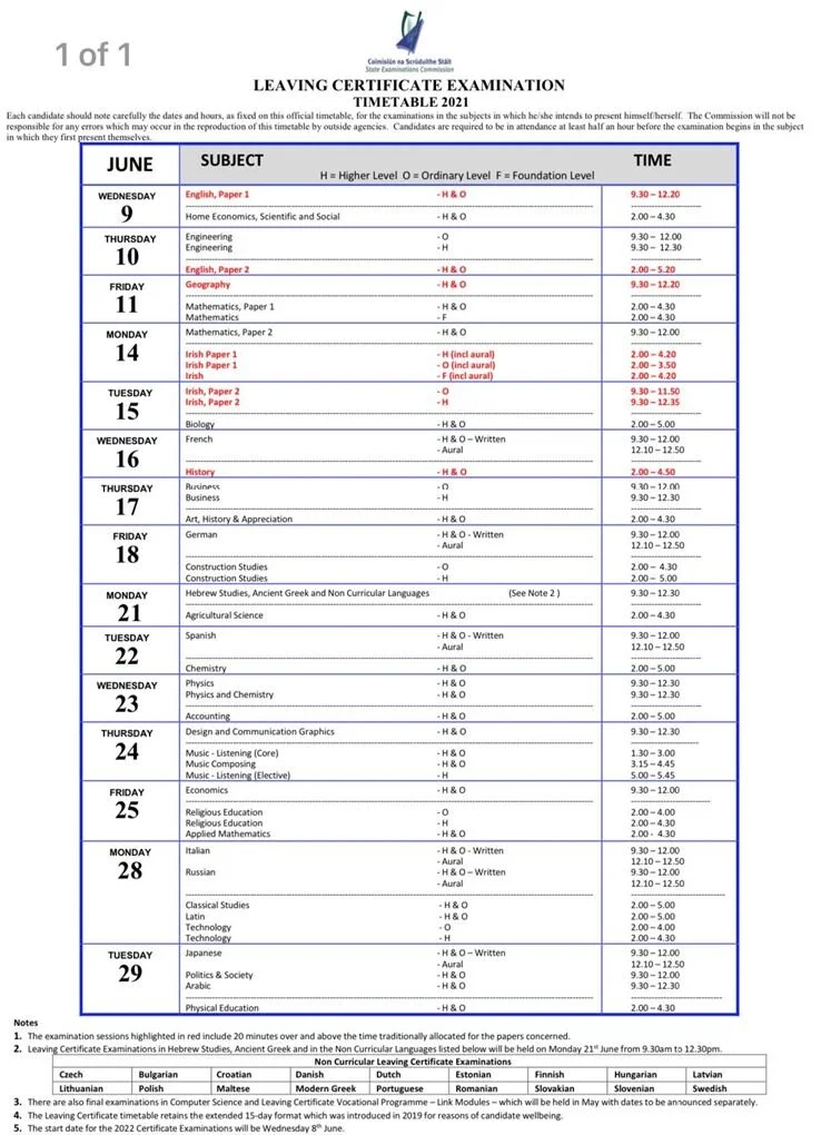 Leaving Certificate 2021 Update and Timetable — KCS, Kinsale
