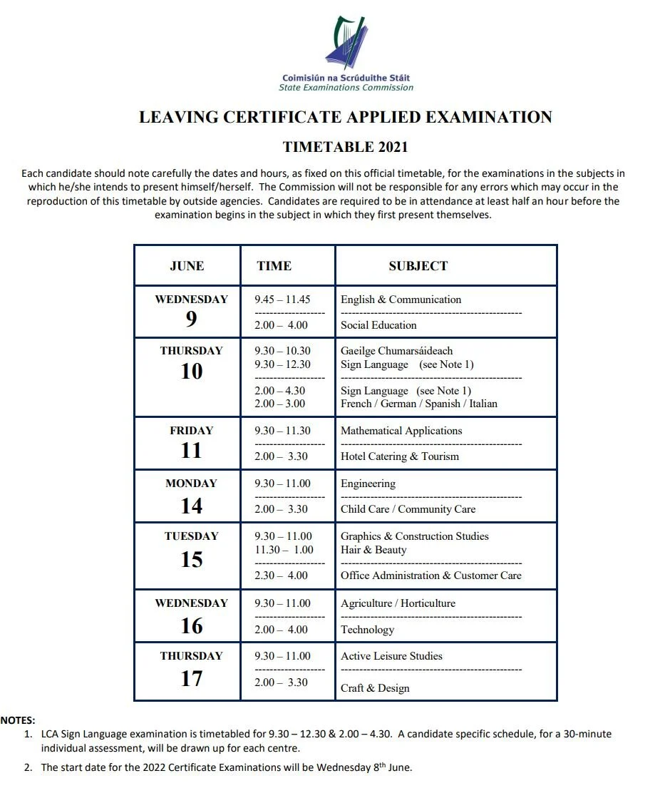 Leaving Certificate 2021 Update and Timetable — KCS, Kinsale