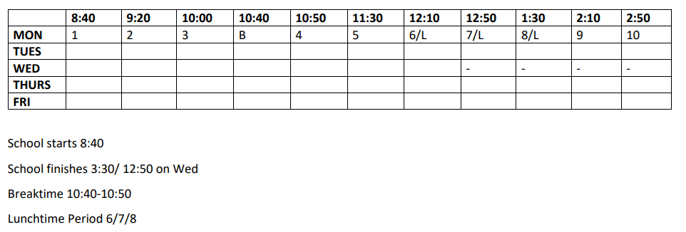 Update to School Start Time and Timetable — KCS, Kinsale