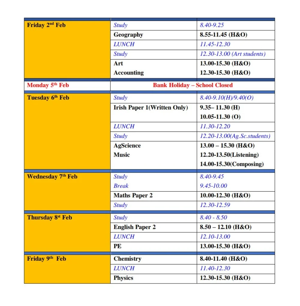 Pre Timetable for Junior and Leaving Certificate Students — KCS, Kinsale