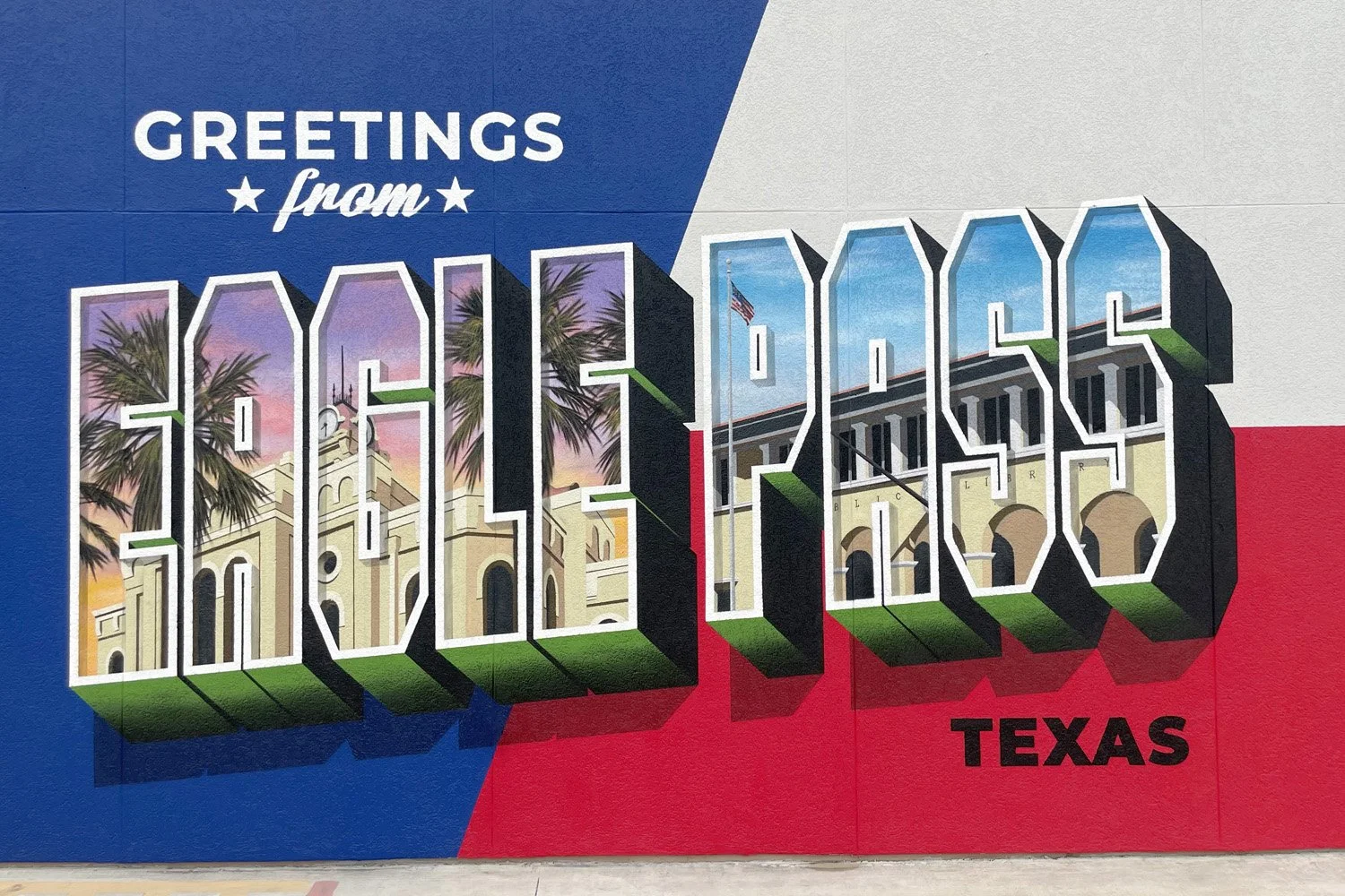 Greetings from Eagle Pass Texas Postcard Mural Landmark - US Mexico ...
