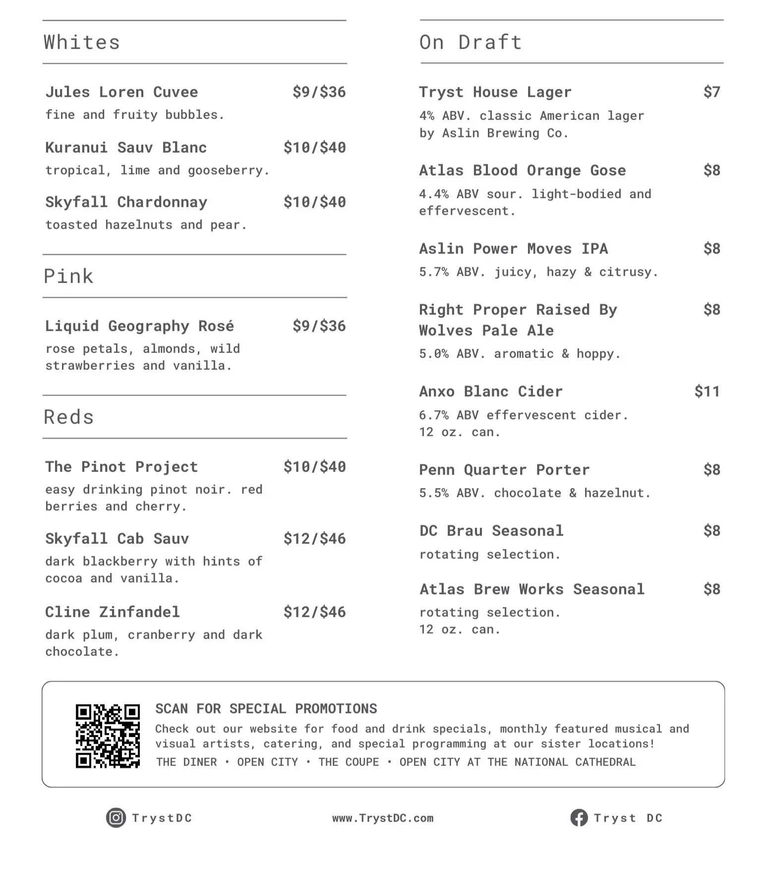 Bar Menu — Tryst