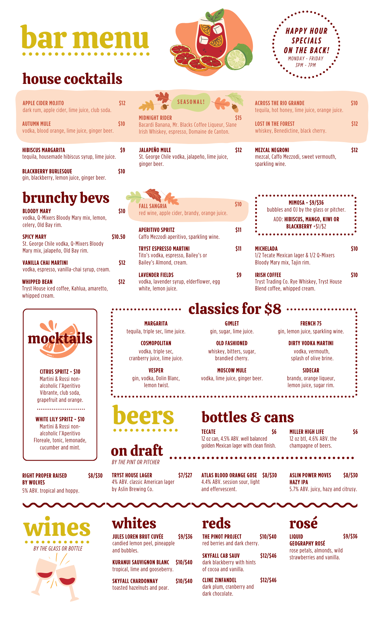 Bar Menu — Tryst