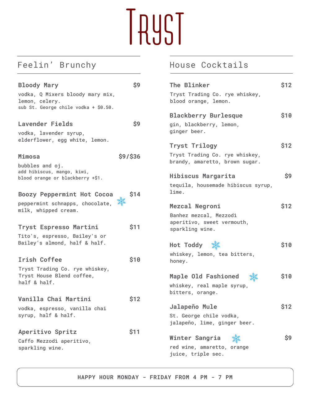Bar Menu — Tryst