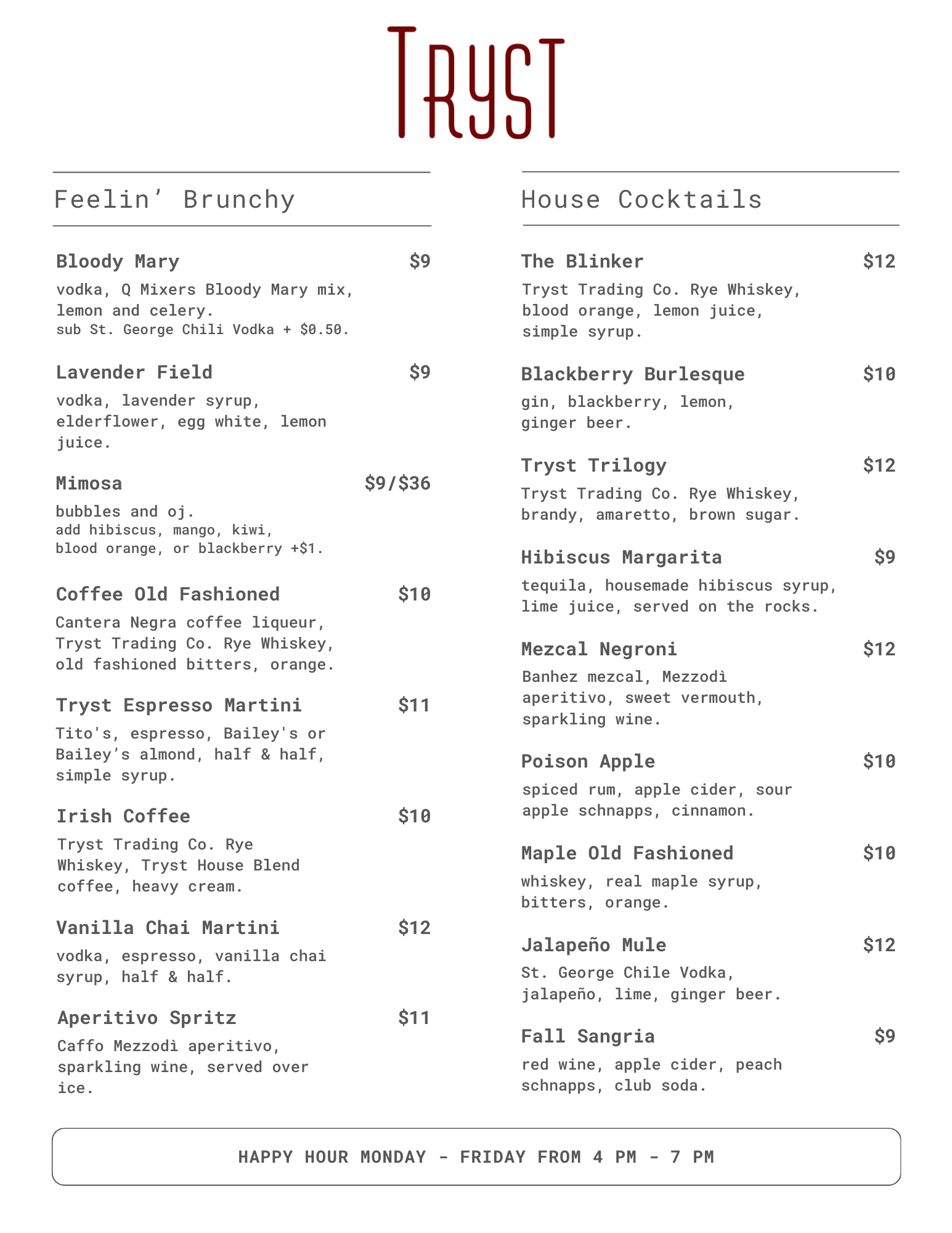 Bar Menu — Tryst