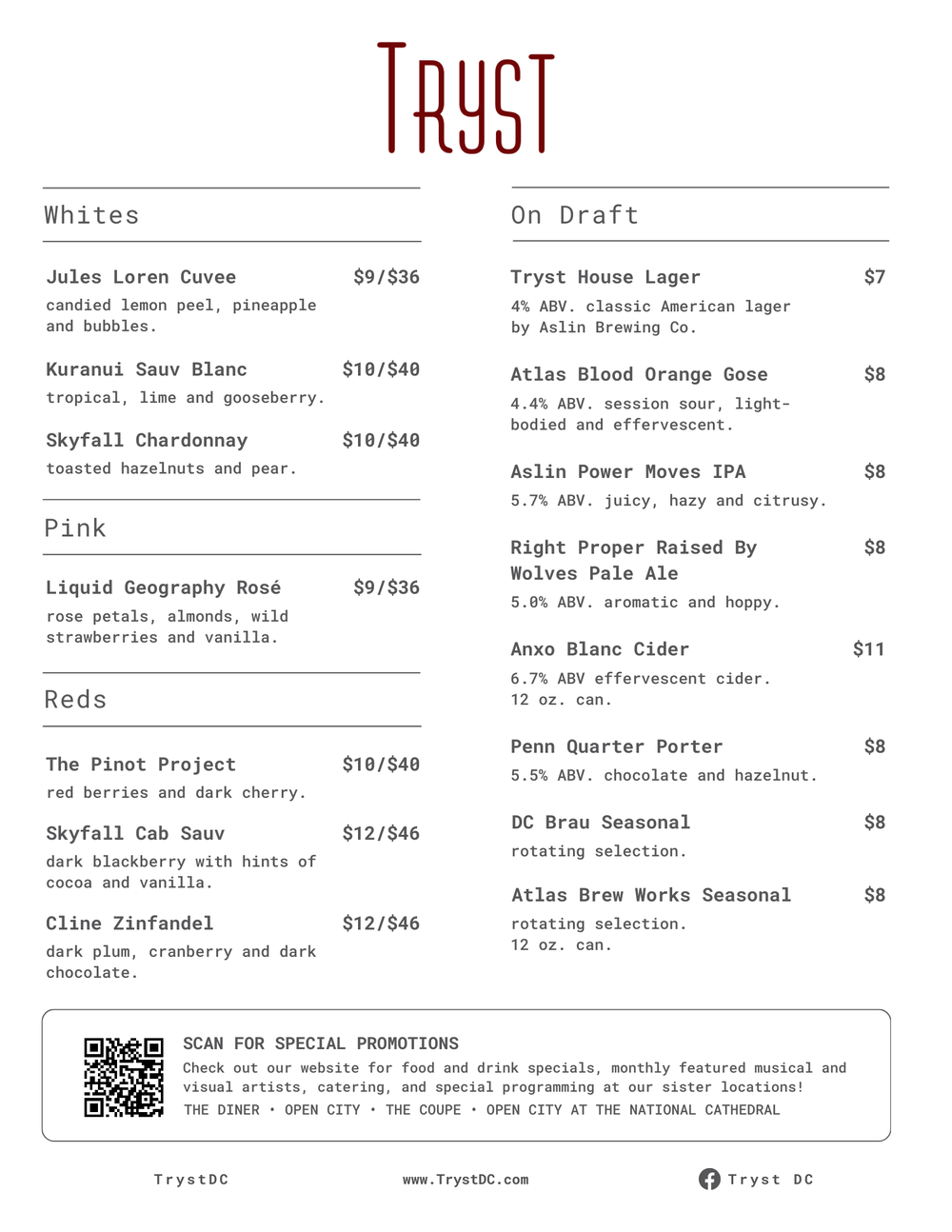 Bar Menu — Tryst