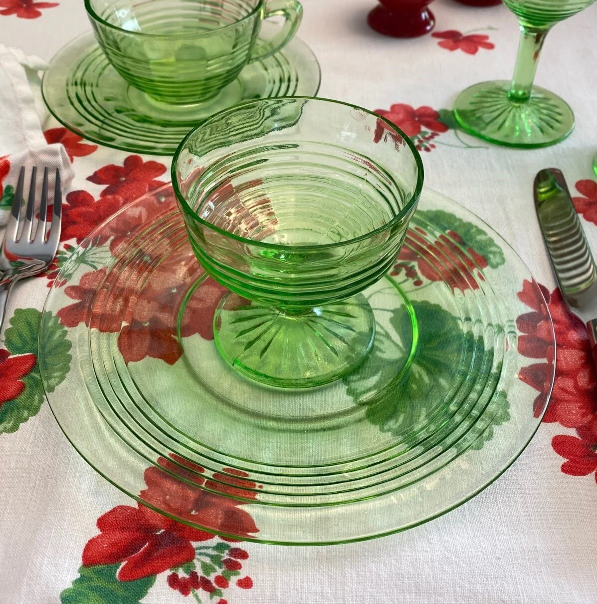 Grandma's Depression Glass on a Summer Tablescape, and her Tablecloth ...