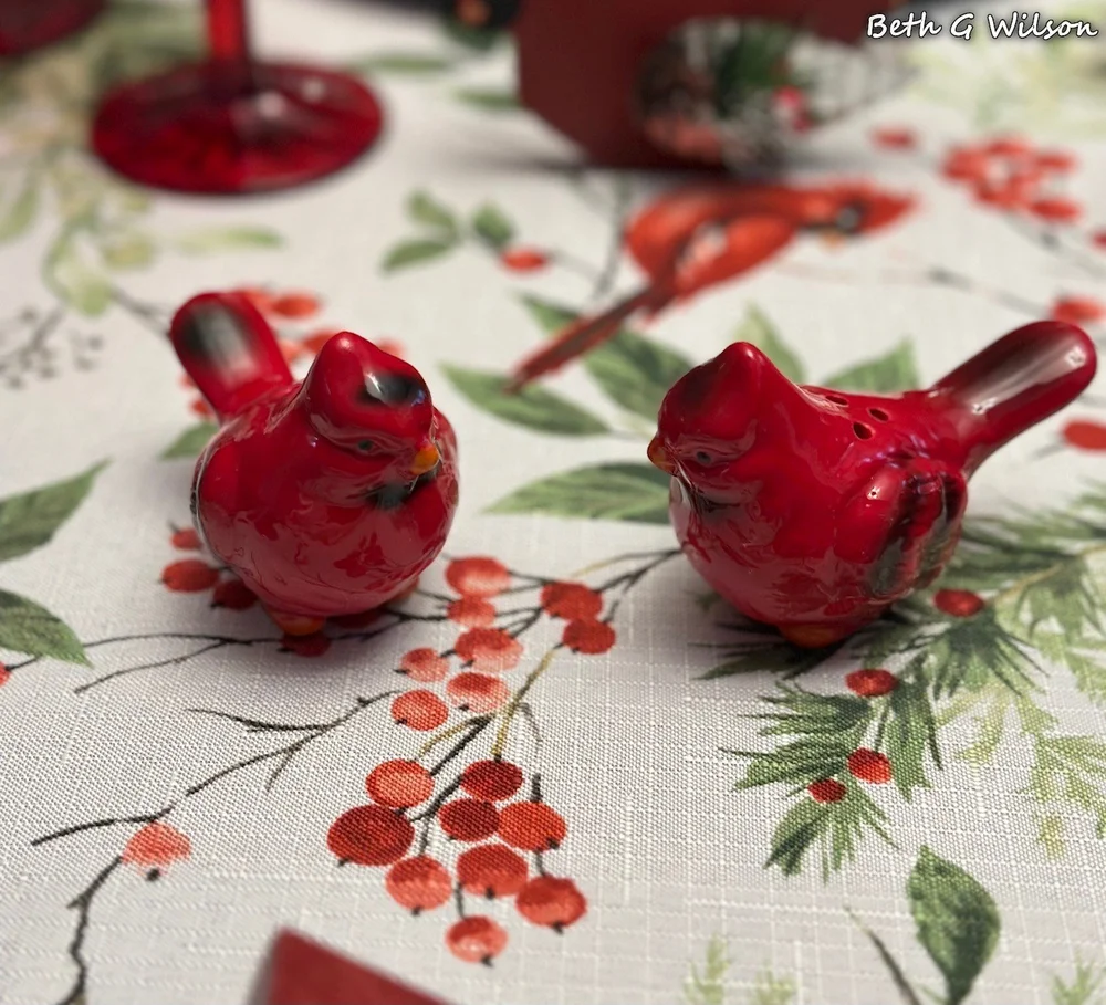 Cardinals on a Winter Tablescape — Whispers of the Heart