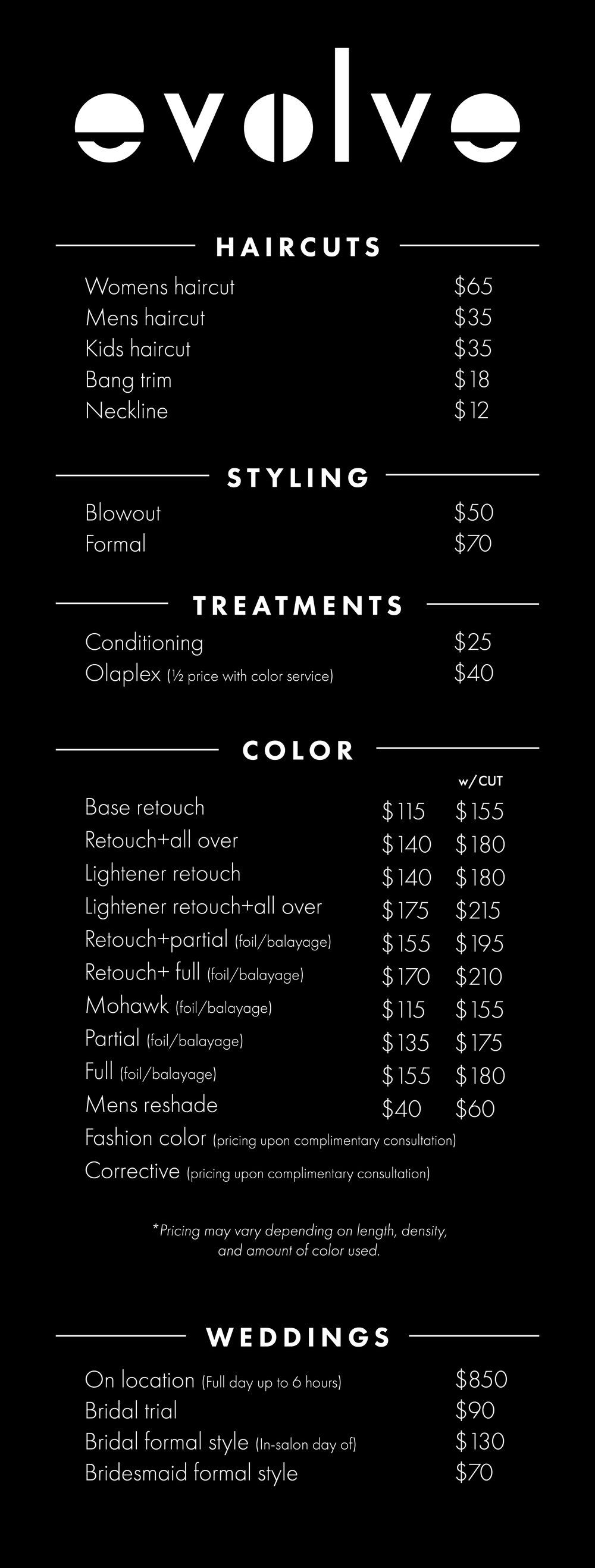 Megan's Service Menu — Evolve Hair Design