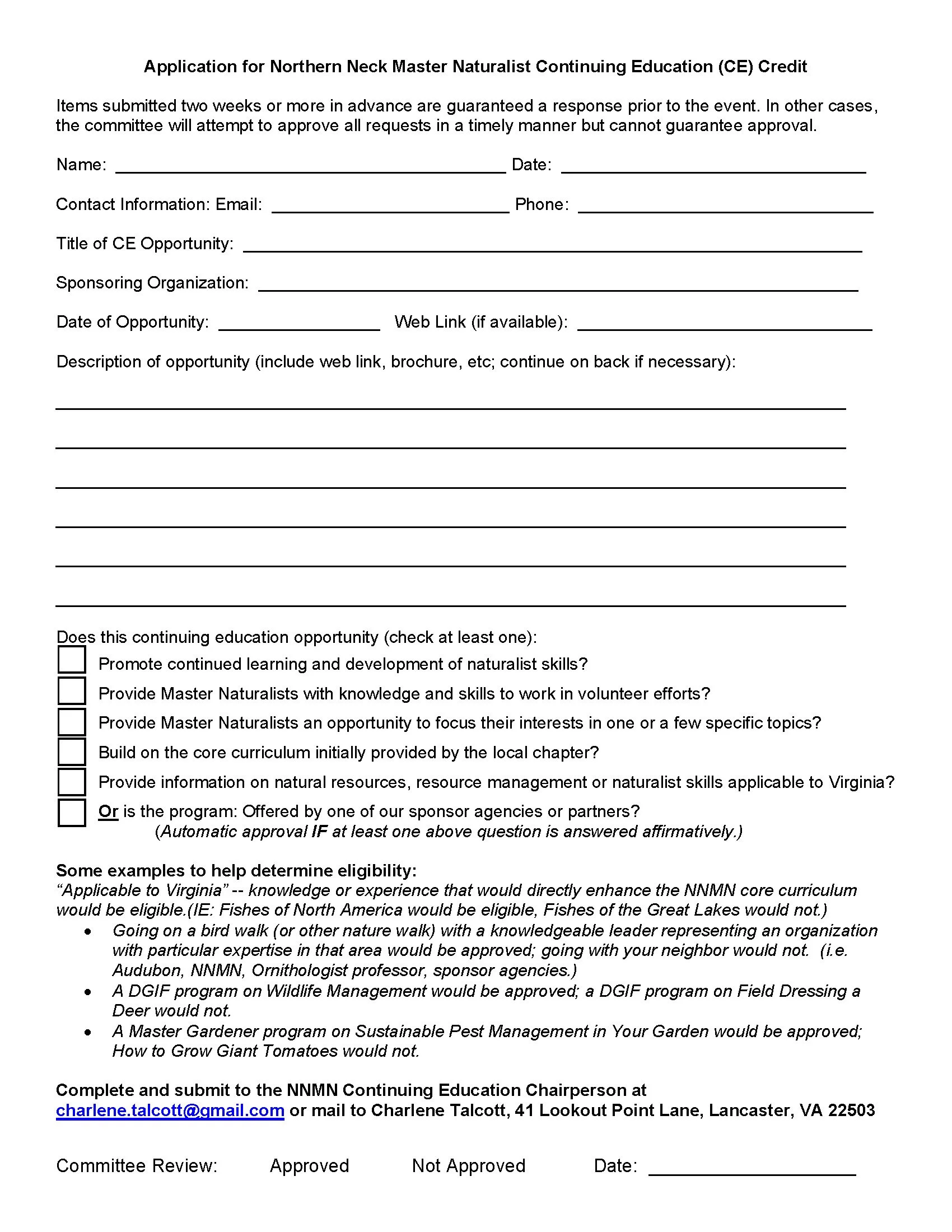 New CE - Request Form — Northern Neck Master Naturalists
