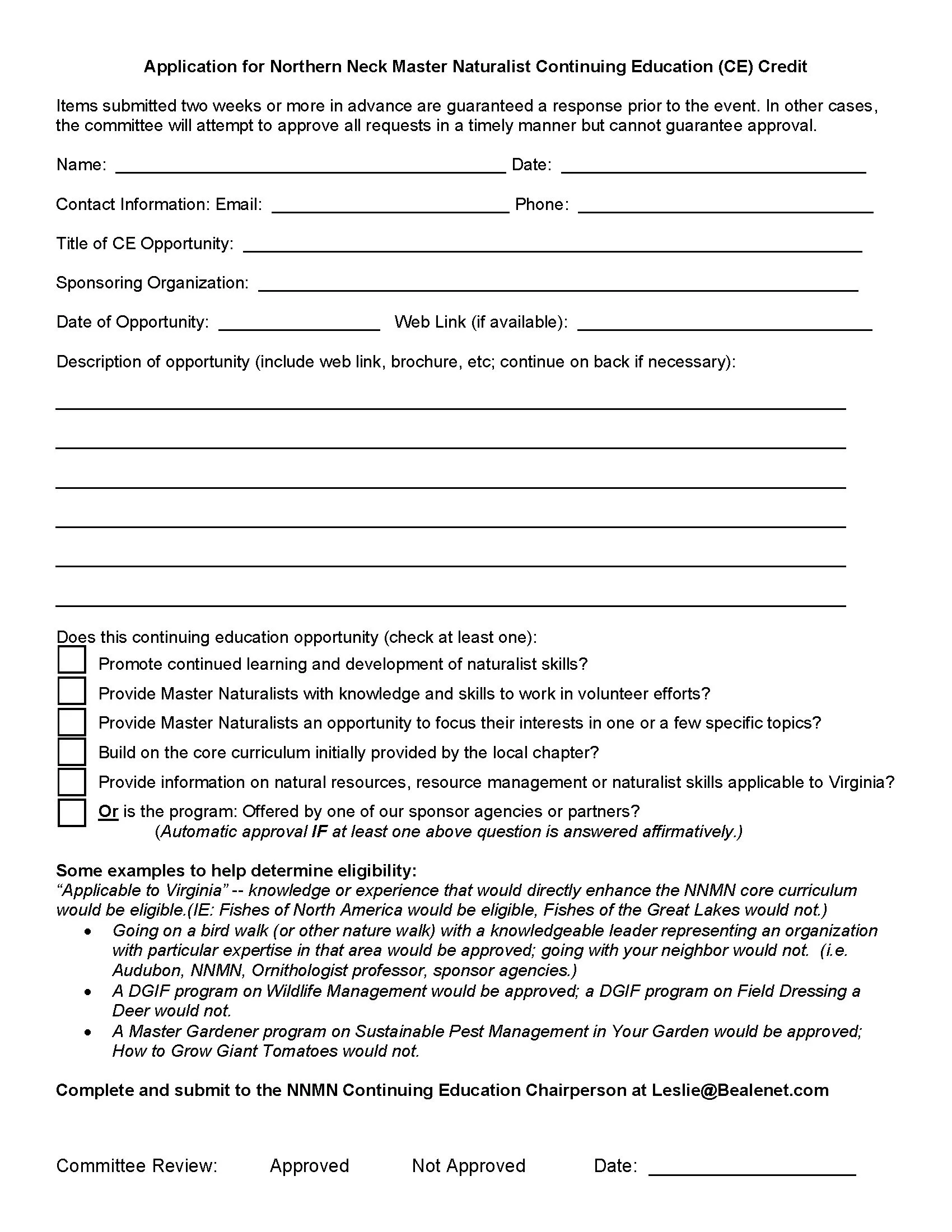 New CE - Request Form — Northern Neck Master Naturalists