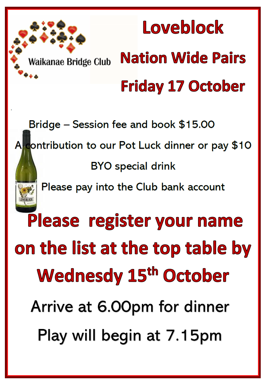 Loveblock Nationwide Pairs — Welcome to Waikanae Bridge Club