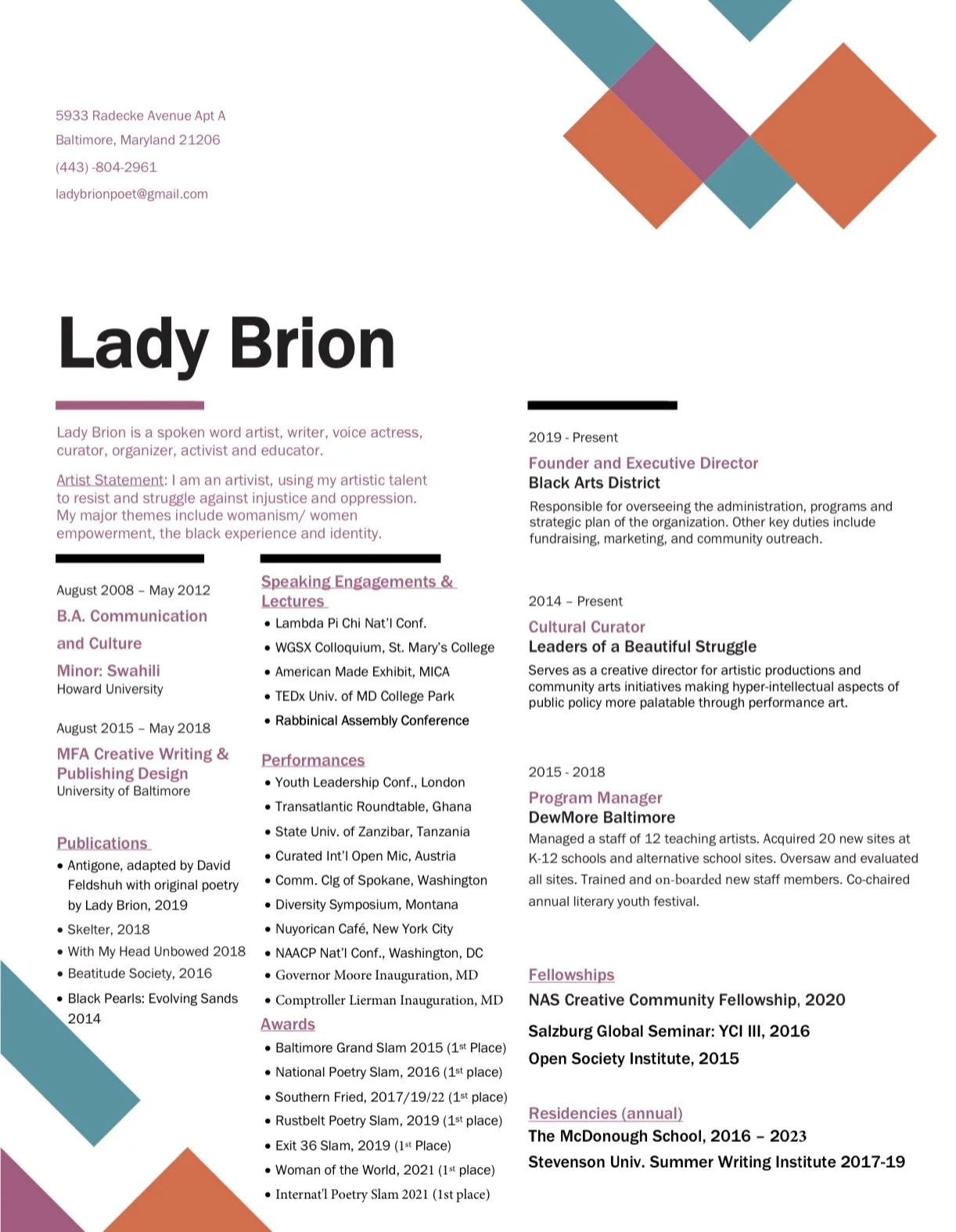 Resume — Lady Brion
