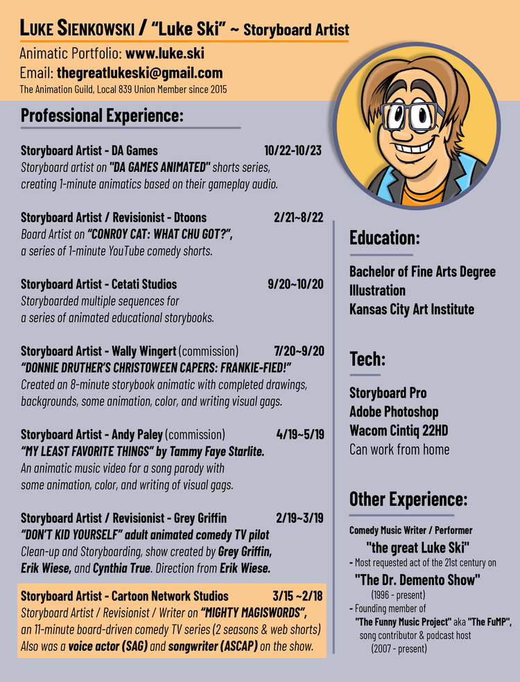 Resume & Contact — Luke Ski: Storyboard Artist