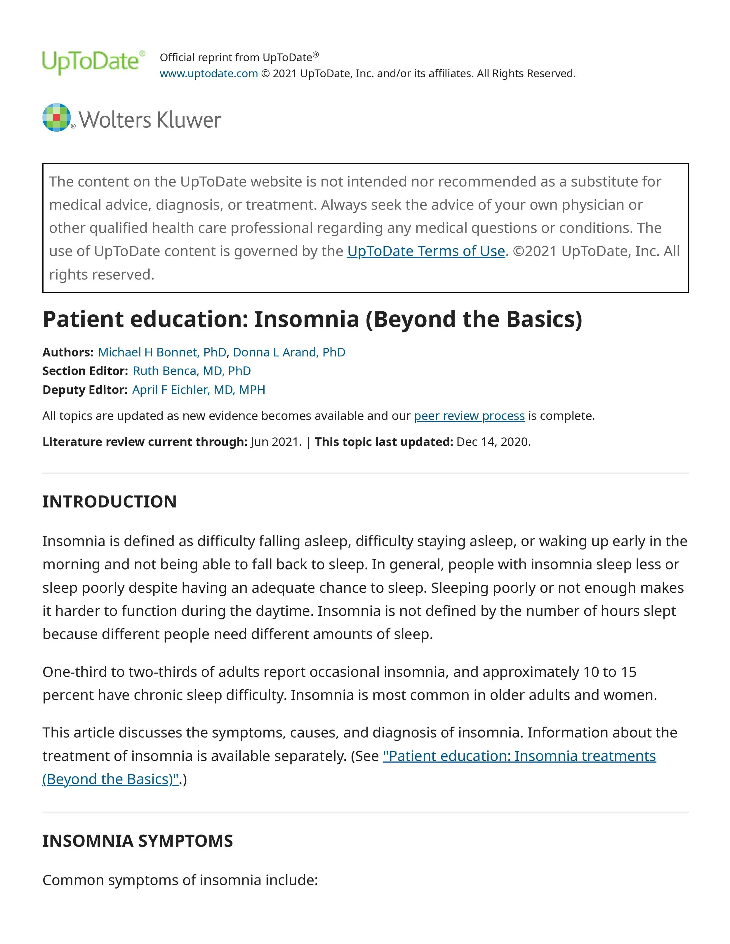 Insomnia (Beyond the Basics) — Transitional Care Physicians of America