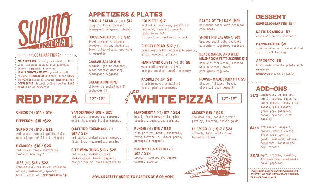 MENUS-SUPINO PIZZERIA — SUPINO PIZZERIA