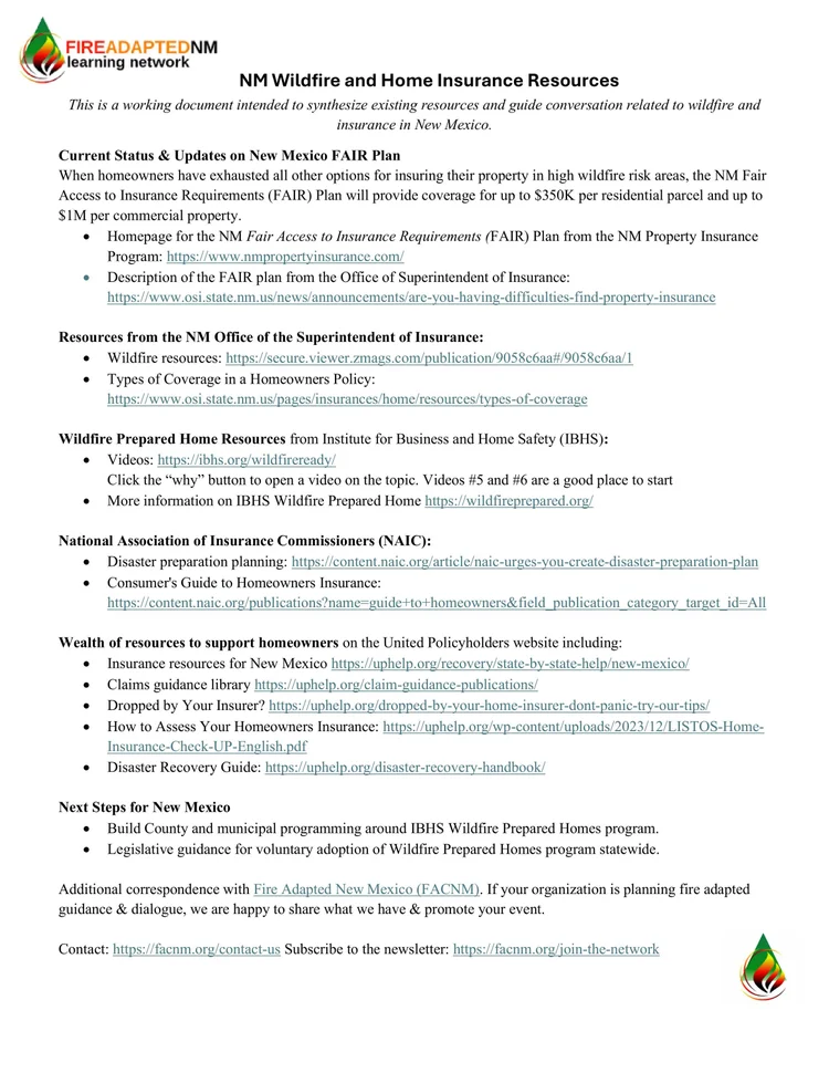 Homeowners Insurance and Wildfire — Fire Adapted NM