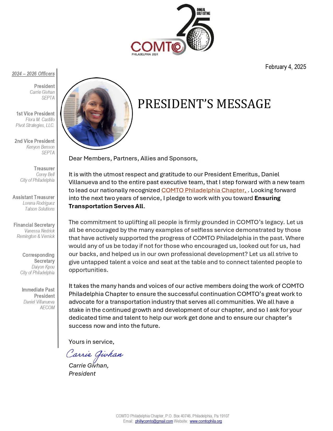 President's Message — COMTO Philadelphia Chapter