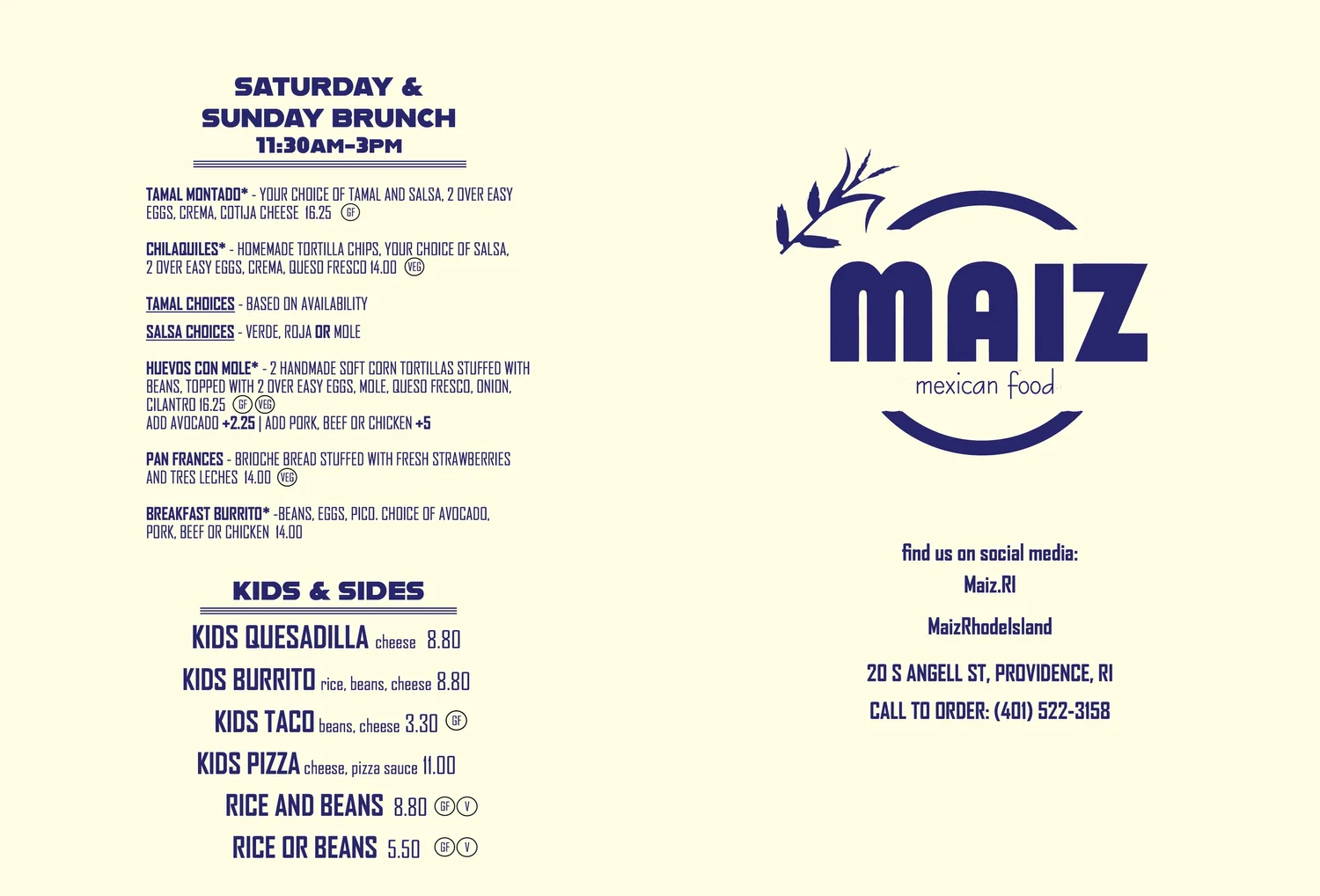 Providence Menu — Maiz