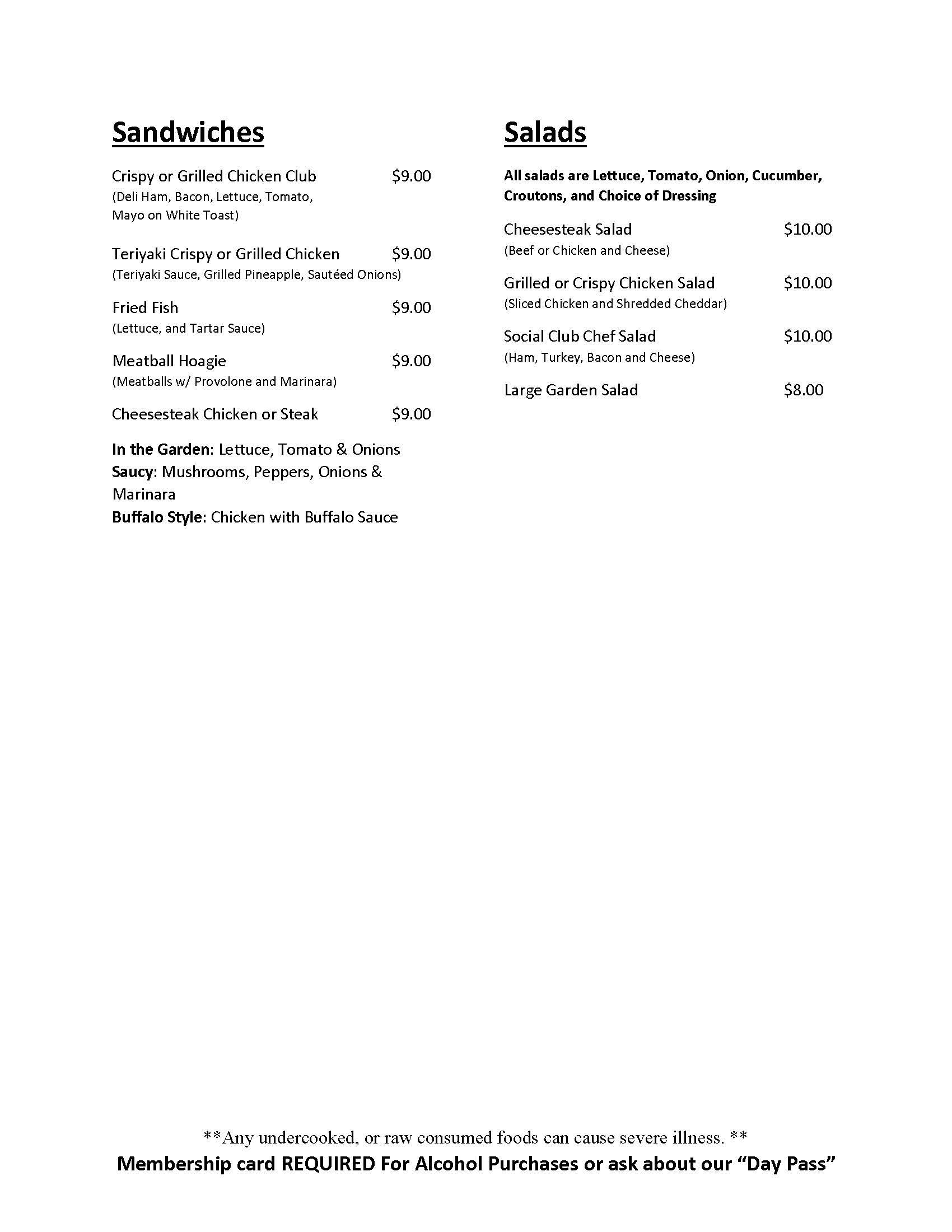 Menu — Sunbury Social Club